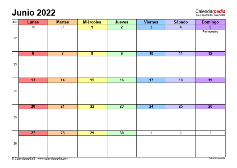 Calendario Junio 2022 Espana Horizontal | PDF