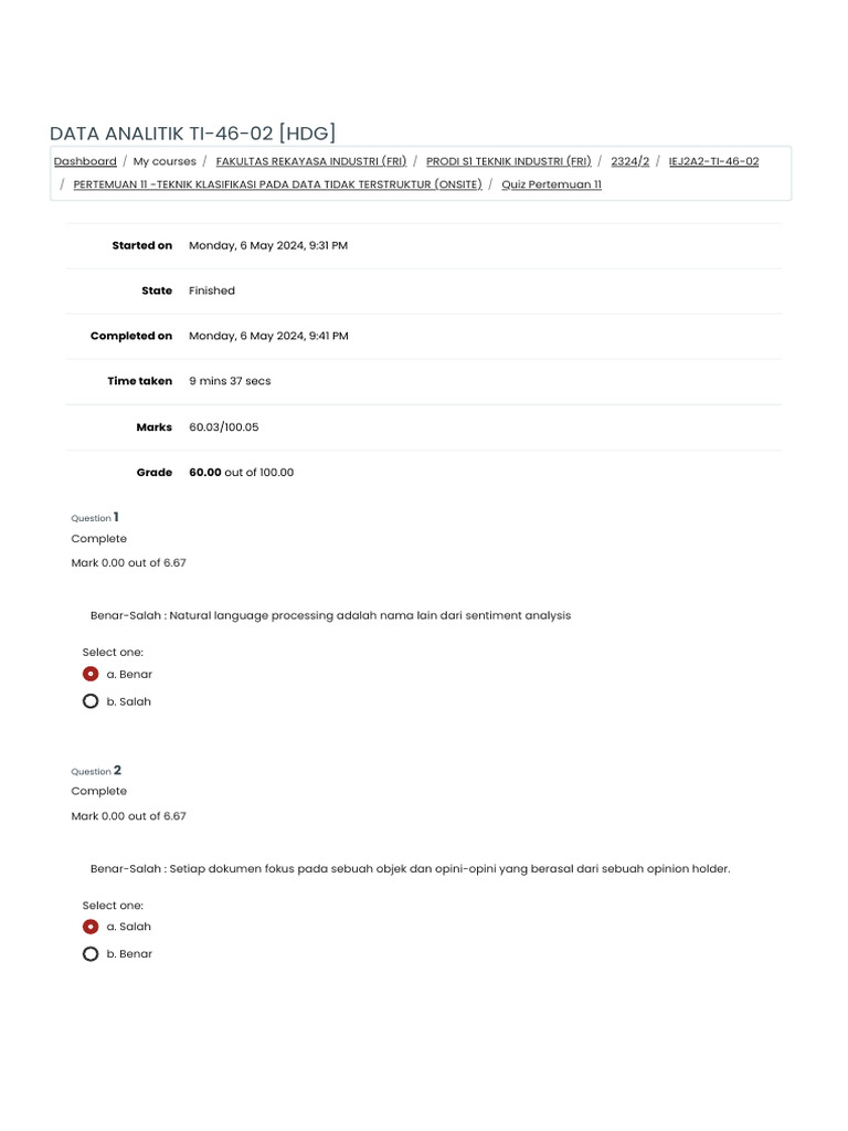 Kuis Teknik Klasifikasi Data | PDF