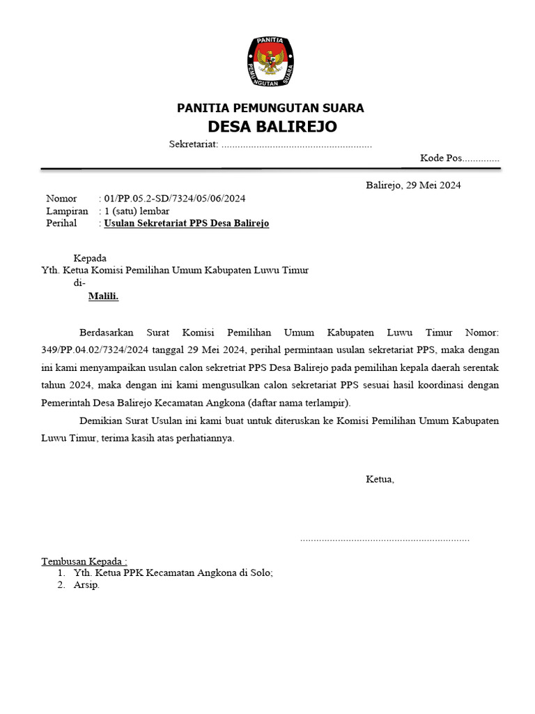 CONTOH Surat Usulan Sekretariat PPS | PDF
