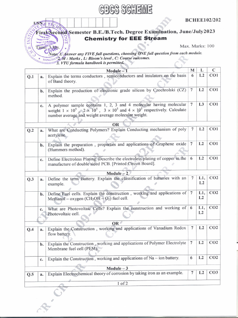VTU Question Paper of BCHEE102 - BCHEE202 Chemistry For EEE Stream June ...