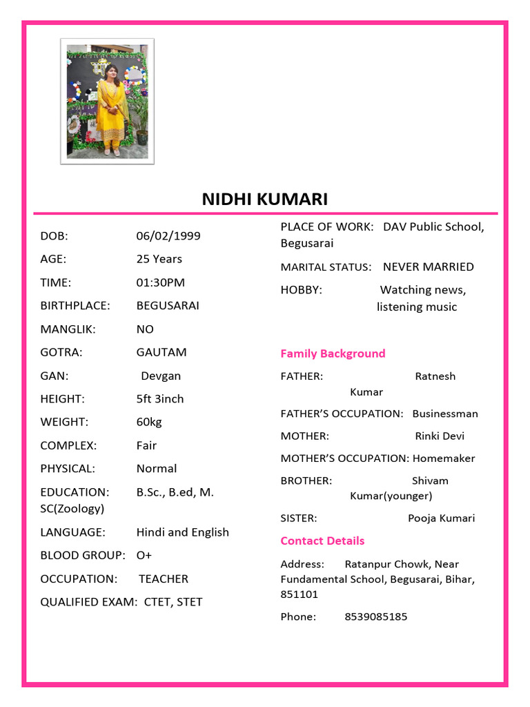 Color Marriage Biodata Format For Girl Featured Image | PDF
