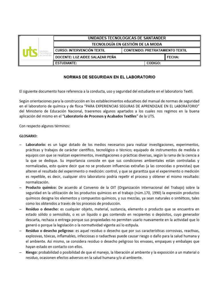 Normas de Seguridad - Intervención Textil | PDF | Laboratorios | Residuos