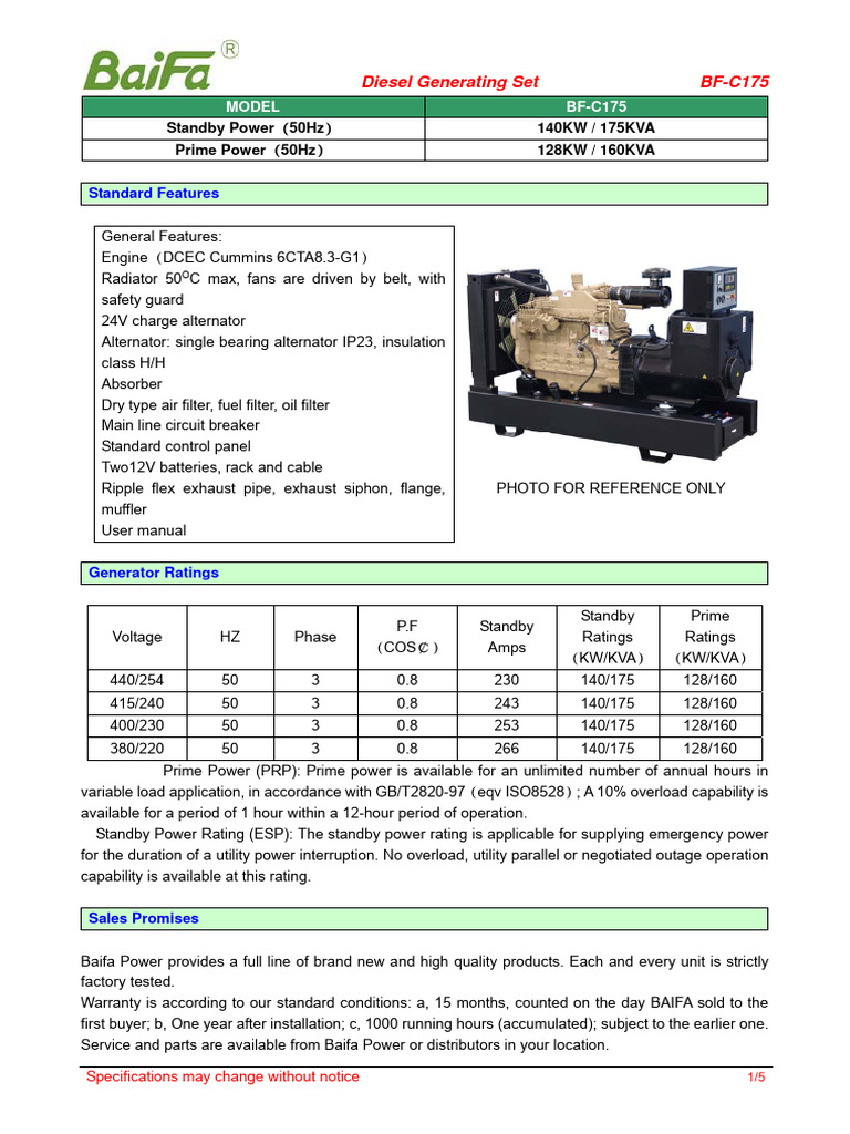 Diesel Generating Set BF-C175: Standby Power 50Hz 140KW / 175KVA Prime Power 50Hz 128KW / 160KVA ...