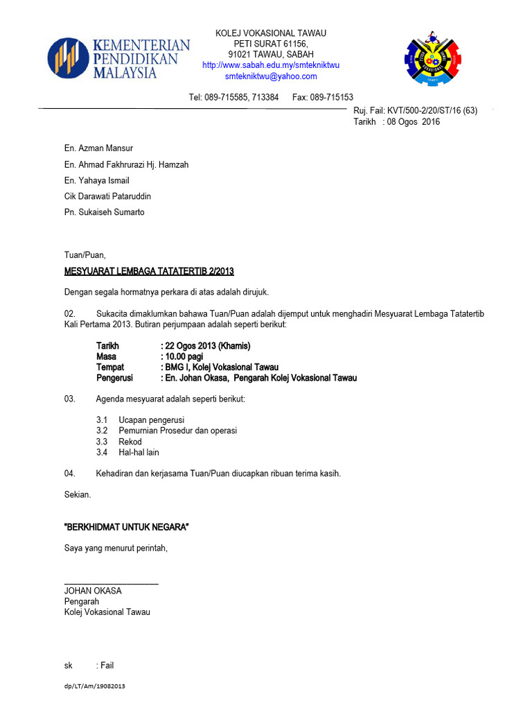 Contoh Surat Jemputan Mesyuarat | PDF