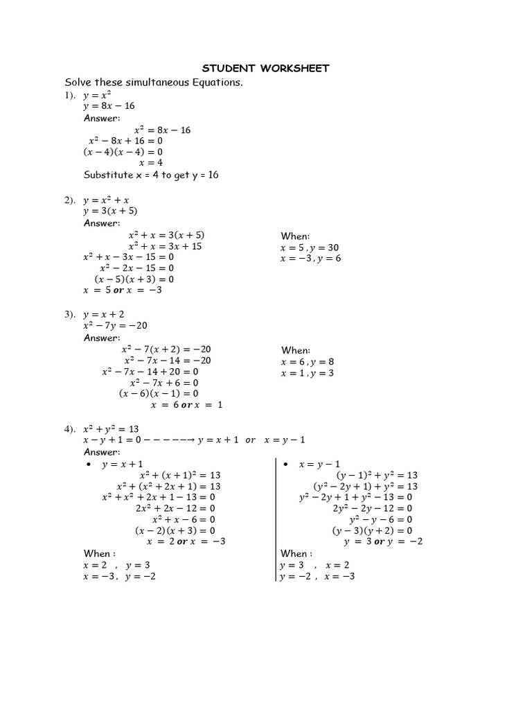 Answer Worksheet 10-A Simultaneous Equation | PDF | Equations ...