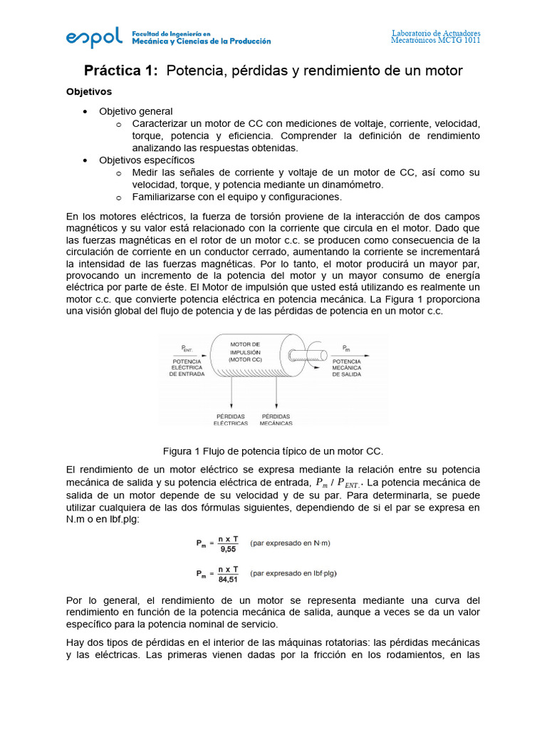 Guía de Práctica 1 - Potencia, Pérdidas, y Rendimiento de Un Motor | PDF | Corriente eléctrica ...