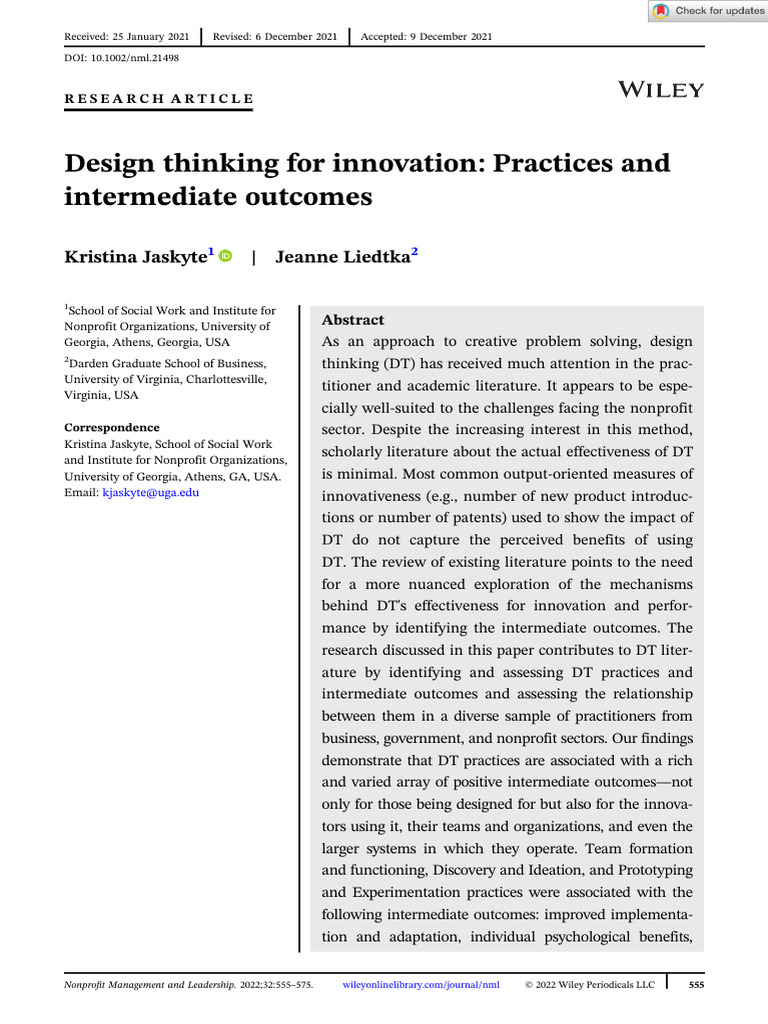 Jaskyte & Ledtka, 2022, Design Thinking For Innovation Practices and ...