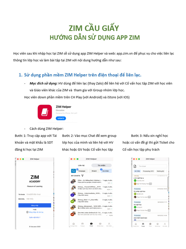 ZIM Cầu Giấy - Hướng dẫn sử dụng app ZIM | PDF