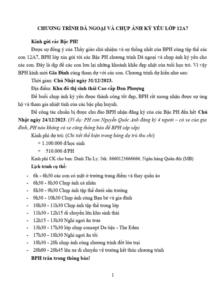 Chương Trình Dã Ngoại Và Chụp Ảnh Kỷ Yếu Lớp 12A7 Kính gửi các Bậc PH! | PDF