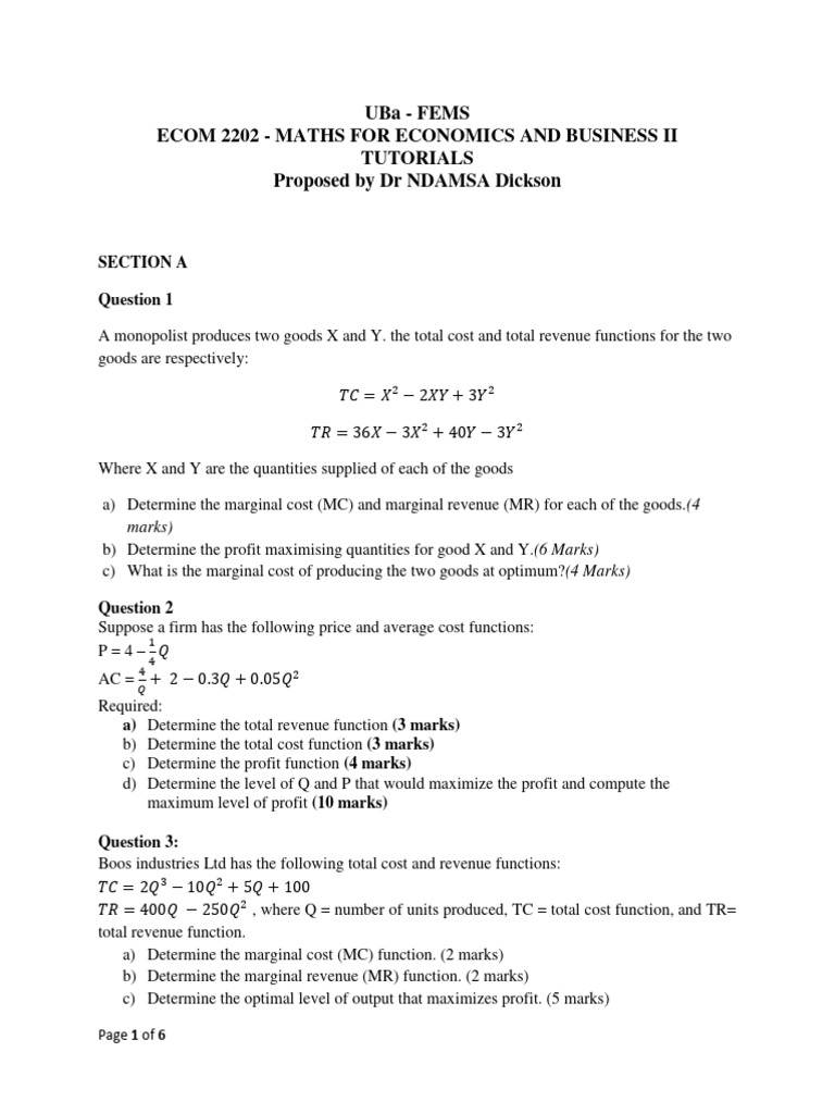 Ecom 2202 Maths For Econs and Business - Tutorials 2020 | PDF ...