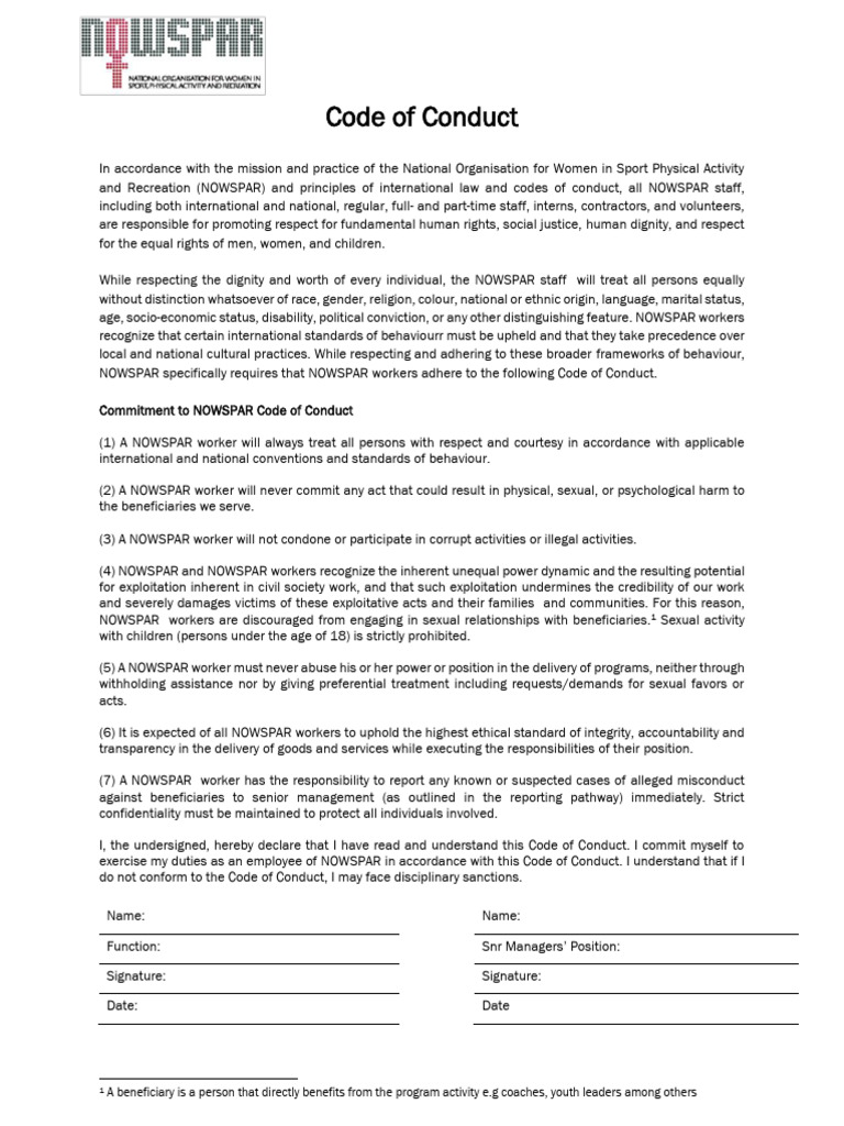 NOWSPAR Code of Conduct Guidelines | PDF | Dignity | Exploitation Of Labour