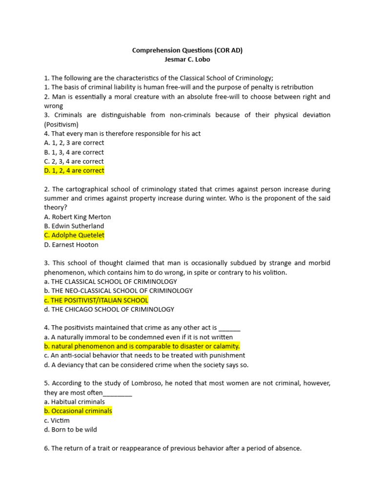 Comprehension Questions CRIMINOLOGY | PDF | Crimes | Crime & Violence