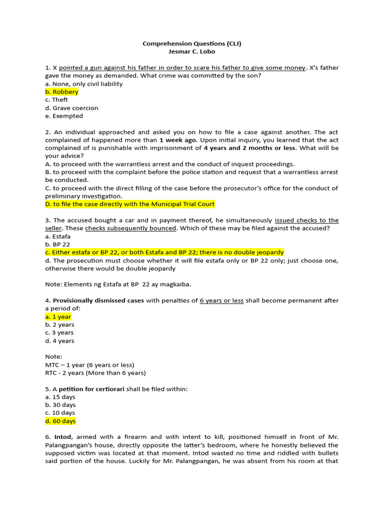 Comprehension Questions CLJ | PDF | Witness | Prosecutor