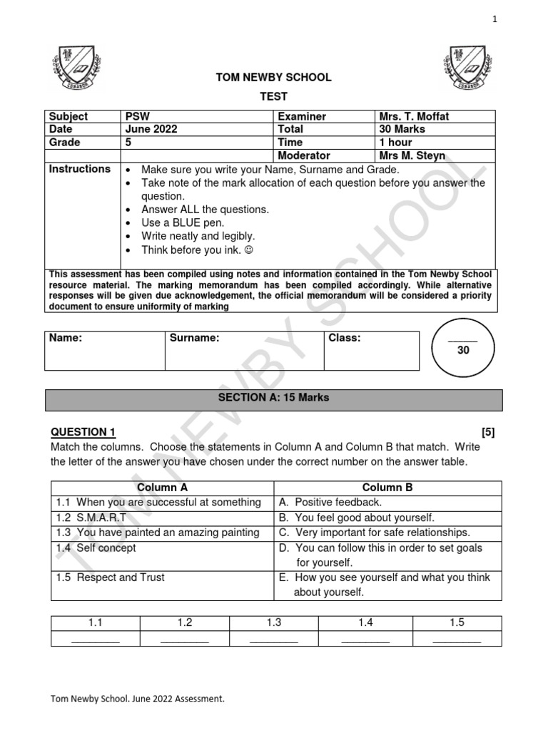 Grade 5 Life Skills Exam June 2022 | PDF