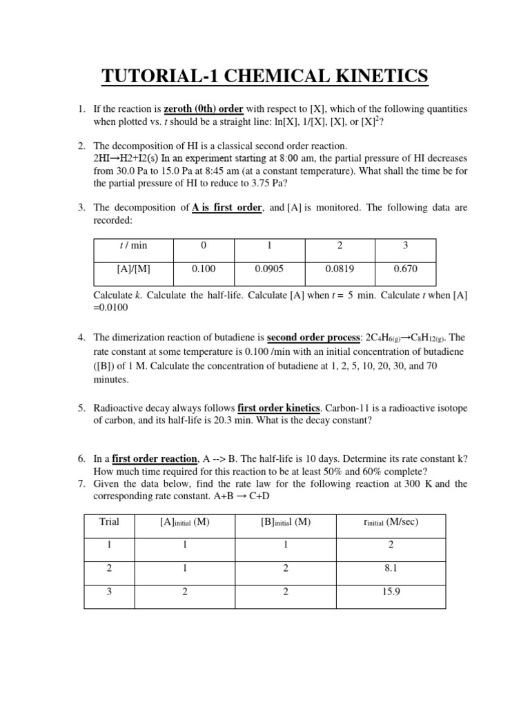 Chemical Kinetics Tutorial Exercises | PDF | Chemical Reactions ...