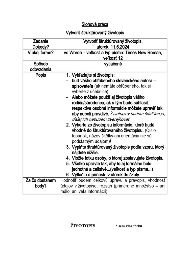 SJL8 - Å¡truktÃºrovanÃ Å Ivotopis - DU 2 | PDF