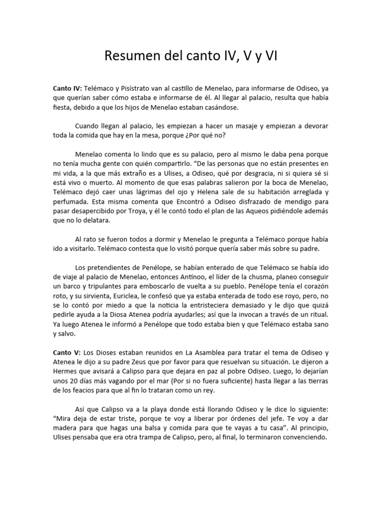 Resumen Del Canto IV | PDF | Odiseo | Odisea