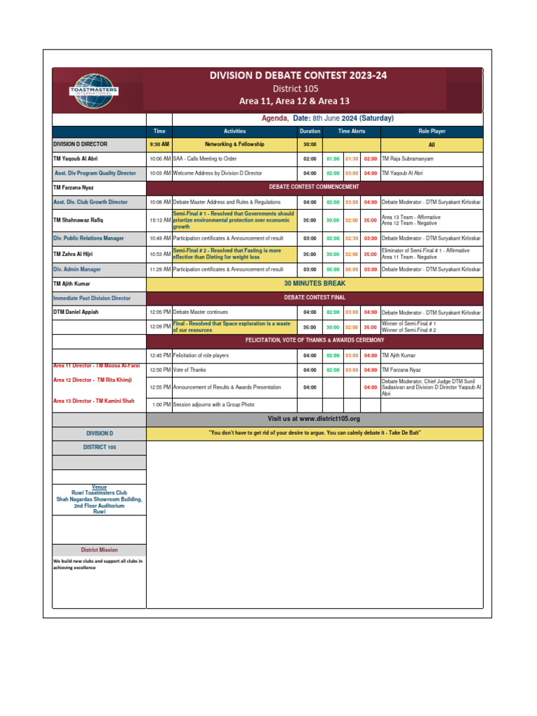 Agenda For Div D Debate Contest 2024 | PDF