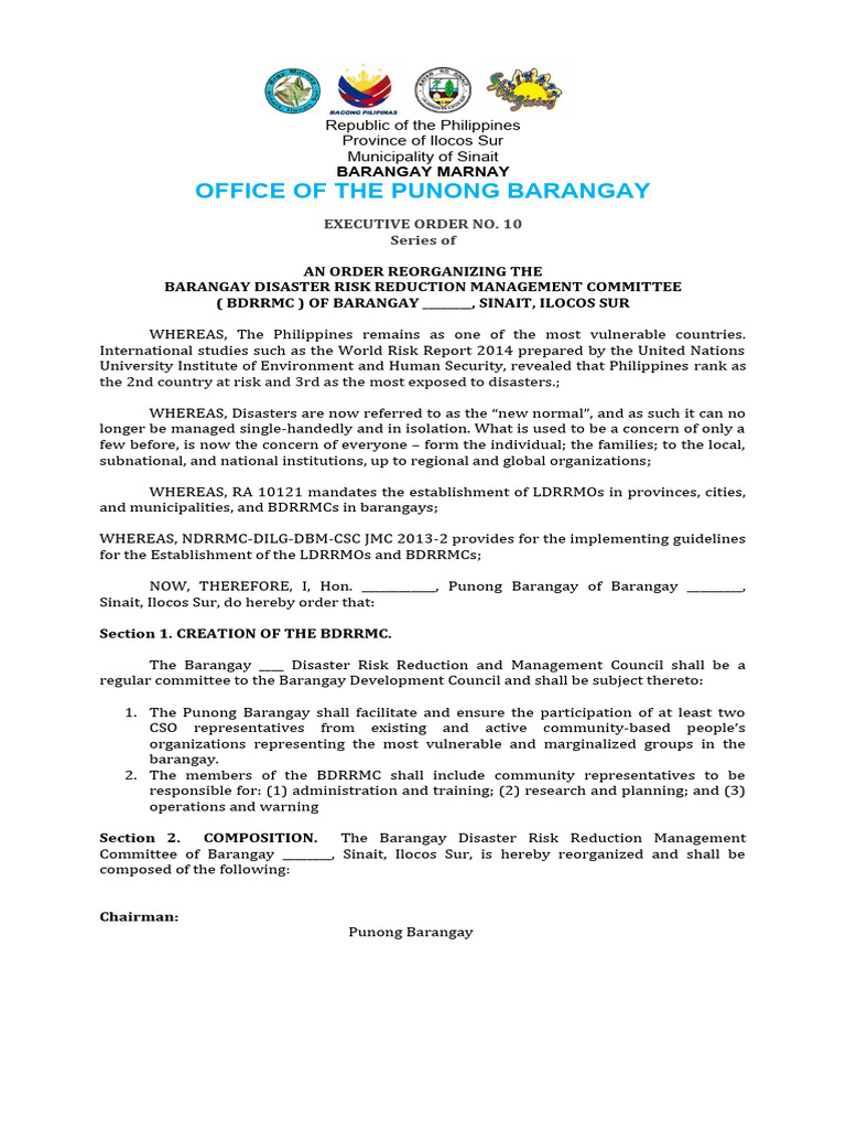 Barangay Disaster Committee Revamp | PDF | Emergency | Disaster Risk ...
