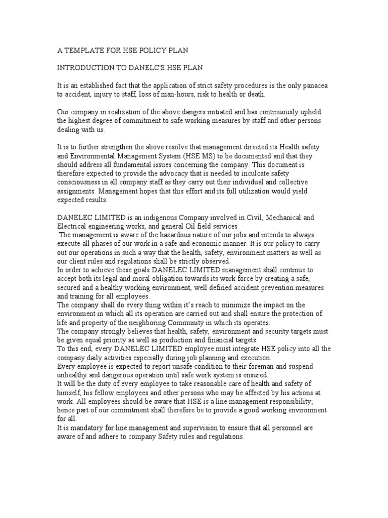 HSE Policy Plan Template for DANELEC | PDF | Safety | Occupational ...