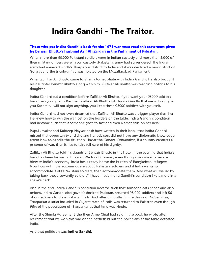 Indira Gandhi-The Traitor | PDF | Zulfikar Ali Bhutto | Benazir Bhutto