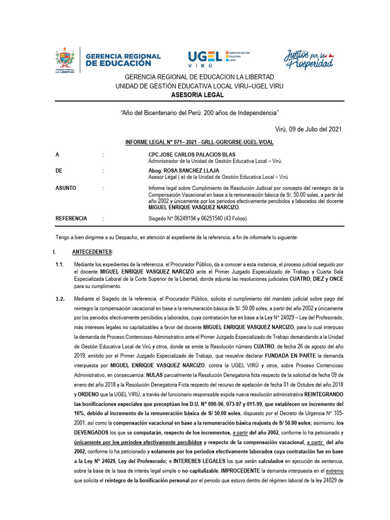 INFORME LEGAL #71-2021 MANDATO JUDICIAL Por Concepto Del Reintegro de La Compensación Vacacional ...