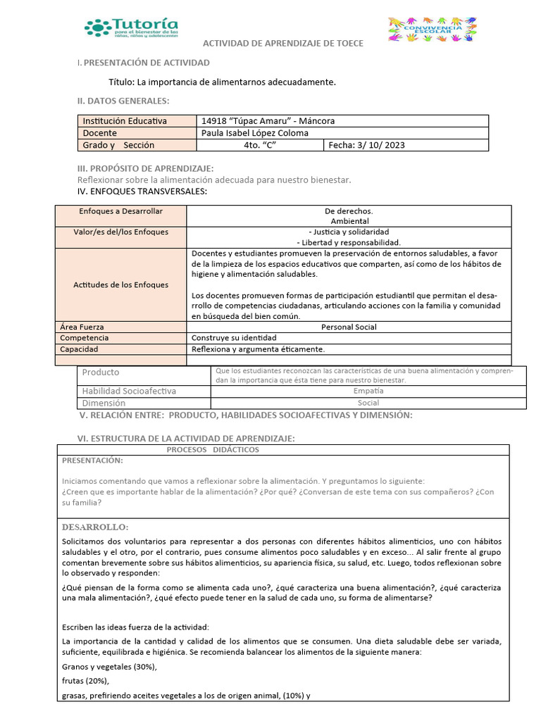 Actv. Tutoría 3.10.23 | PDF | Alimentos | Dieta