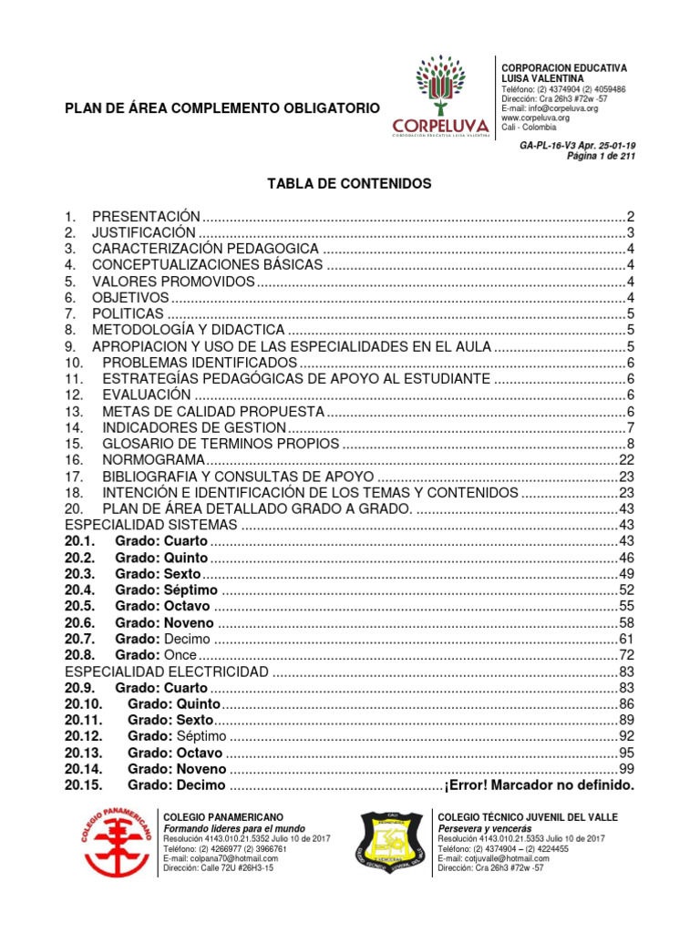 GA-PL-16 PLAN DE AREA COMPLEMENTO OBLIGATORIO - ESPECIALIDAD SISTEMAS Y ELECTRICIDAD | PDF ...