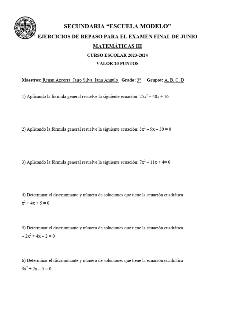 Ejercicios de Repaso para El Examen Semestral (Ene - Junio) | PDF ...