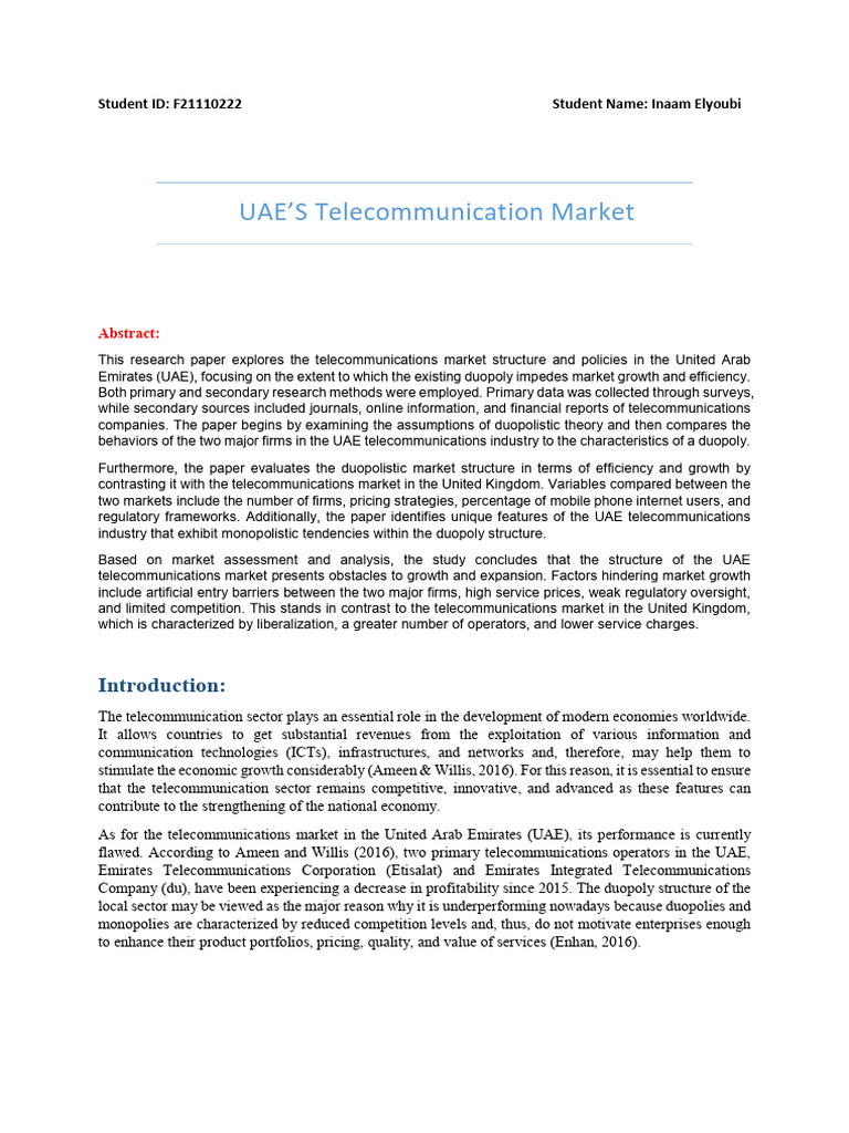 Uae's Telecommunication | PDF | Monopoly | Profit (Economics)