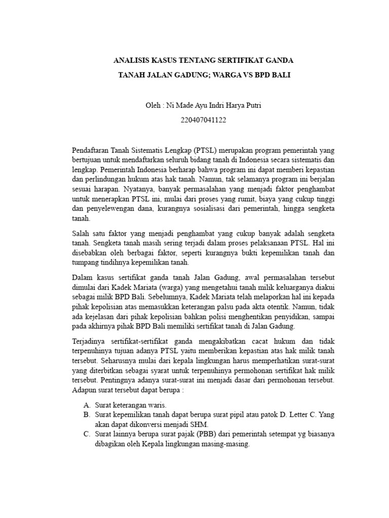 Analisis Kasus Tentang Sertifikat Ganda | PDF | Hukum Analisis Kasus Tentang Sertifikat Ganda | PDF | Hukum