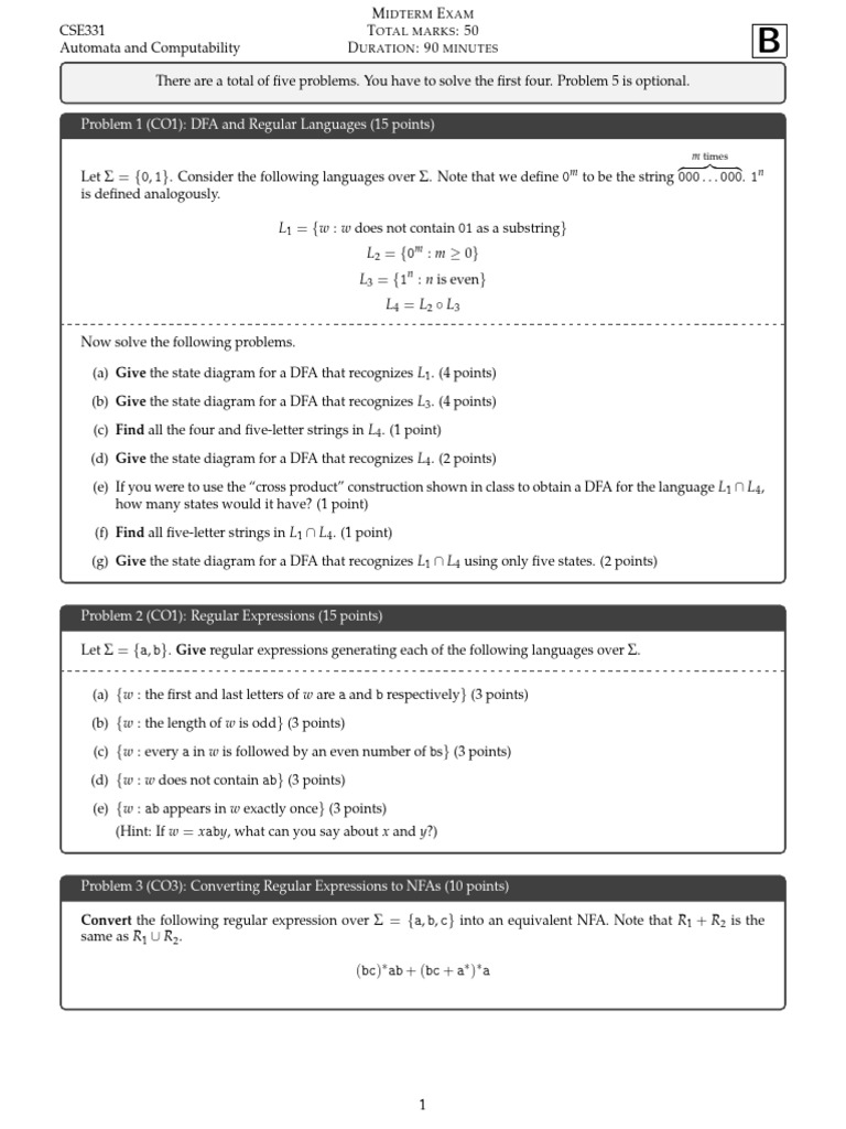 Cse331 Midterm Set 2 Summer 2023 Pdf Models Of Computation Theoretical Computer Science