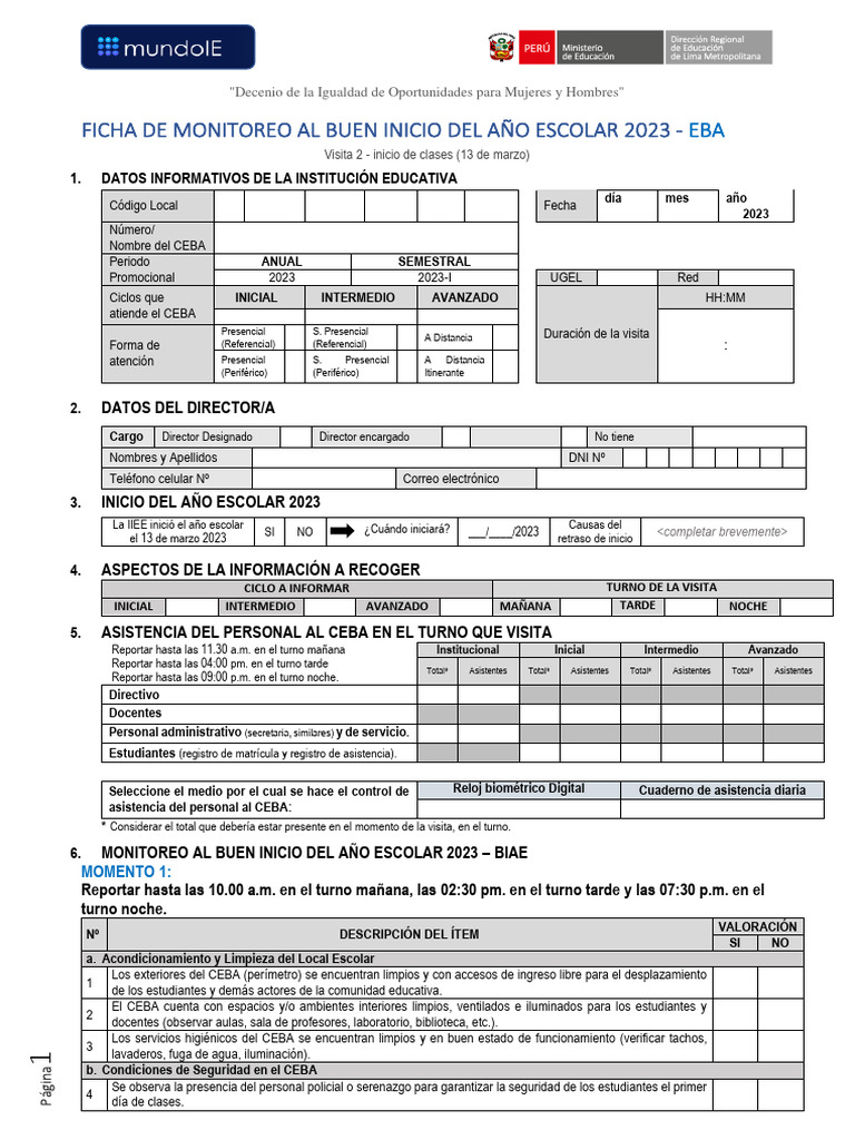 Ficha de Monitoreo BIAE 2023 EBA - 1er Día | PDF