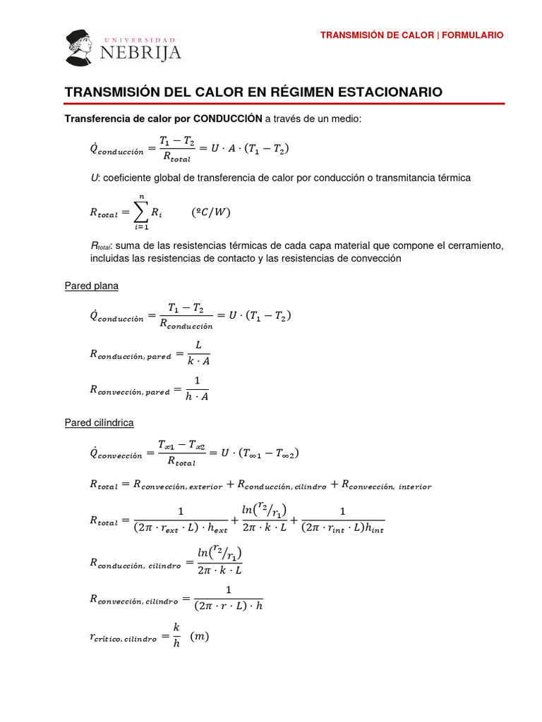 Formulario - Transmisión de Calor | PDF | Conduccion termica | Transferencia de calor