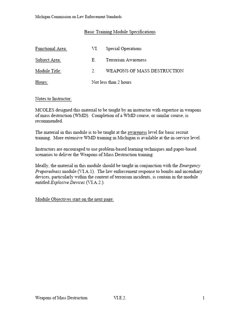 MCOLES WMD Training | PDF | Weapons Of Mass Destruction | Improvised ...