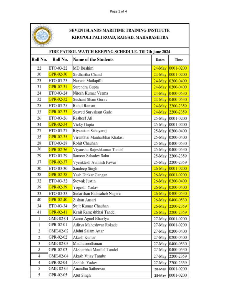 Till 7th June 24 SIMTI Campus - FIRE PATROL WATCHKEEPING SCHEDULE | PDF