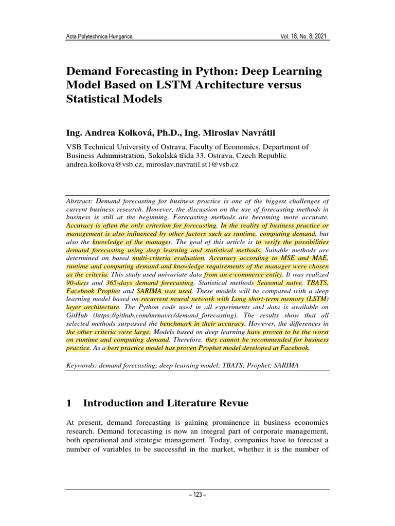 Demand Forecasting in Python Deep Learning Model Based On LSTM Architecture Versus Statistical ...