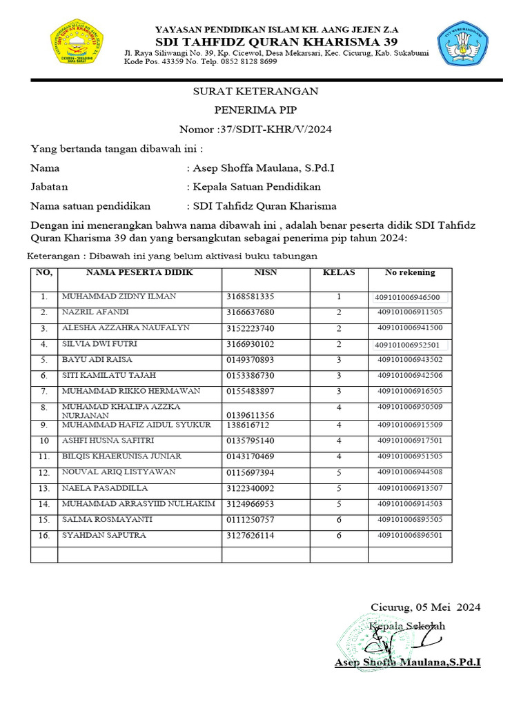 Surat Keterangan Penerima PIP 2024 | PDF