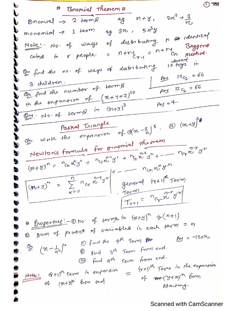 Binomial Theorem Class Notes-1 | PDF
