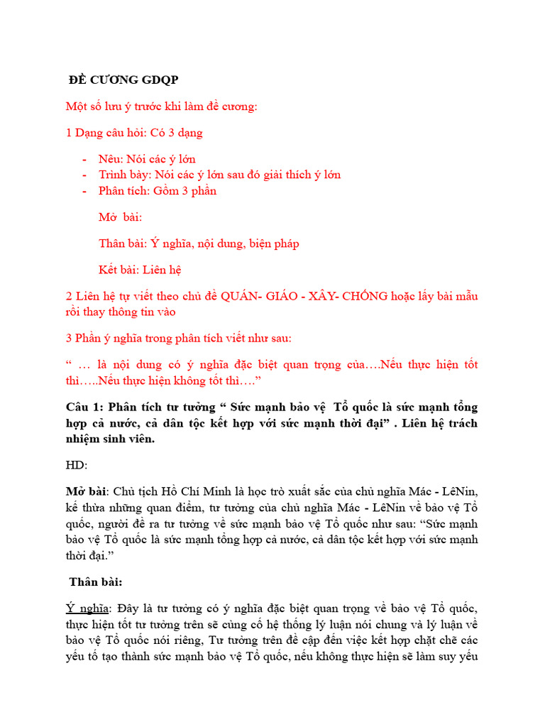 ĐỀ CƯƠNG GDQP 1 G10 | PDF