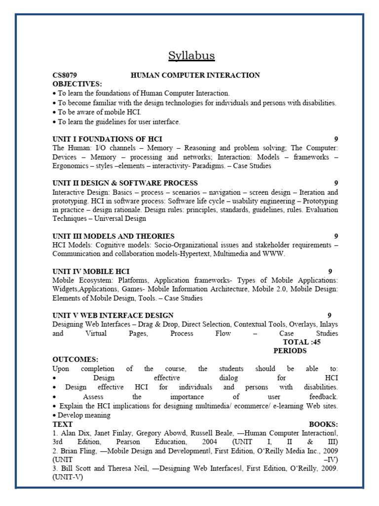 Syllabus: CS8079 Human Computer Interaction Objectives | PDF | Usability | Human–Computer ...