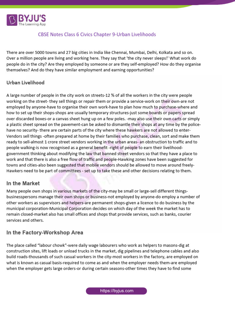 CBSE Notes Class 6 Social Science Civics Chapter 9 Urban Livelihoods ...