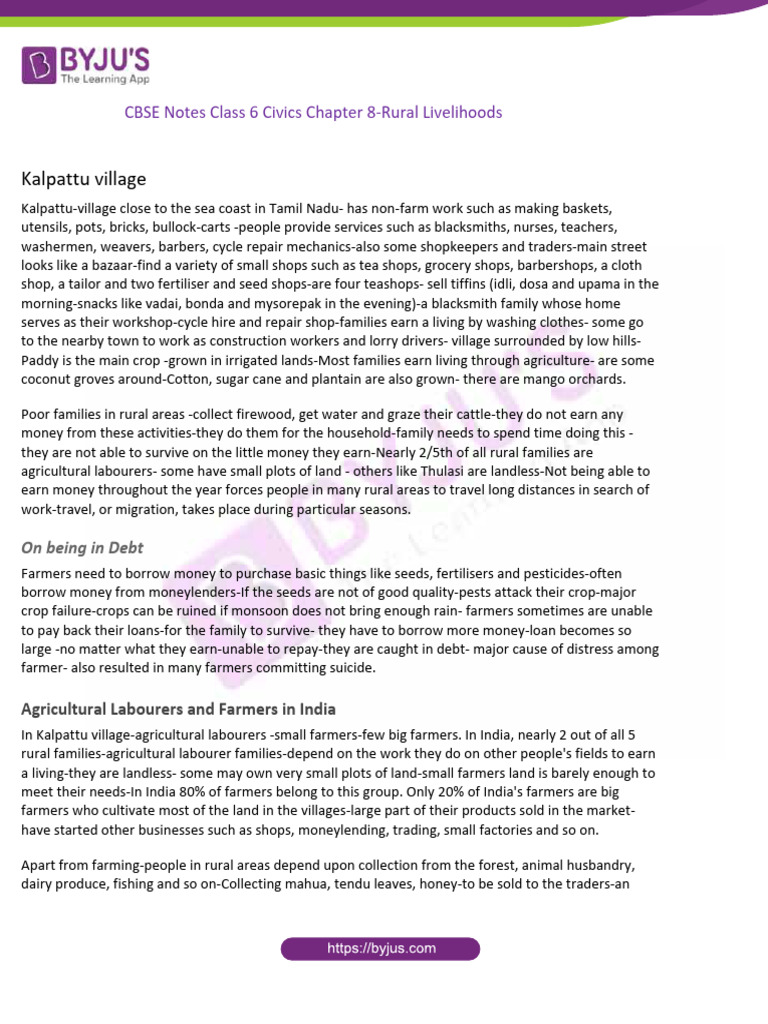 CBSE Notes Class 6 Social Science Civics Chapter 8 Rural Livelihoods ...