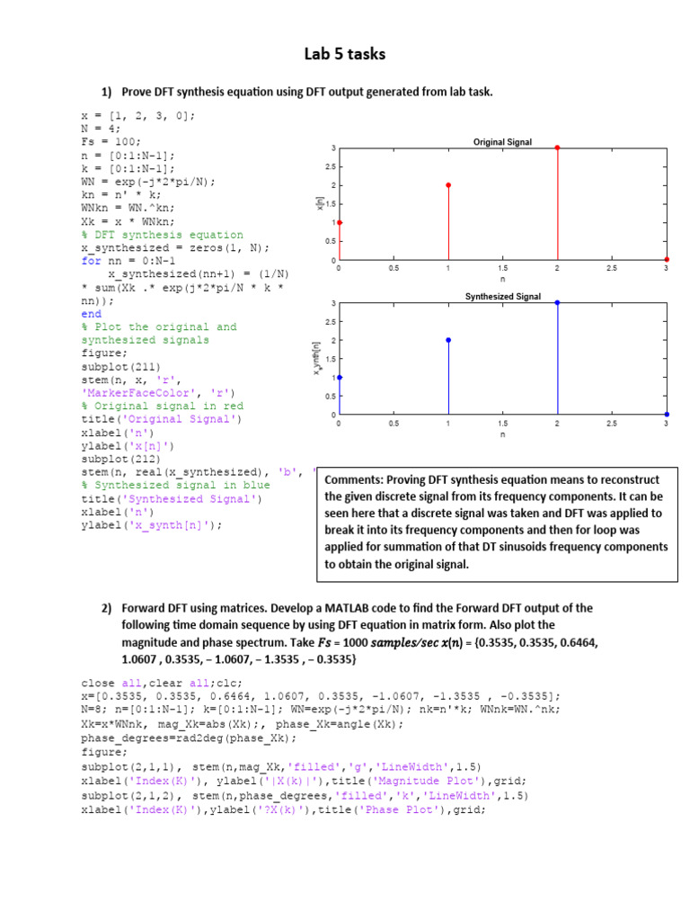 DFT Synthesis Using Matlab | PDF | Discrete Fourier Transform | Matrix (Mathematics)