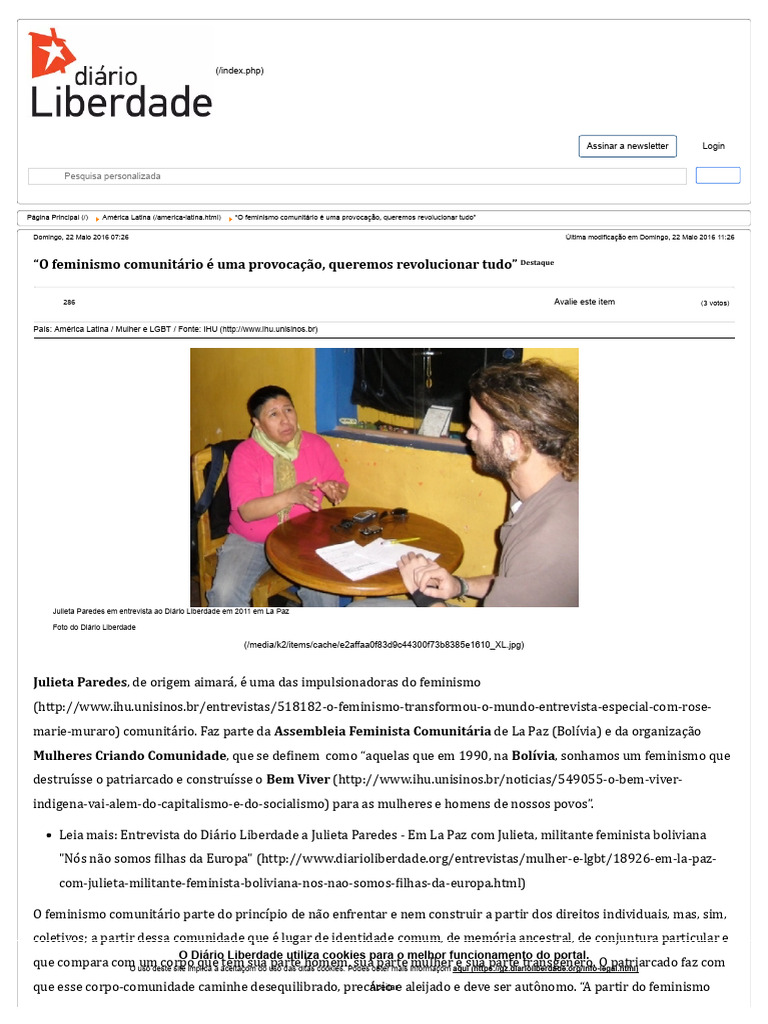 “O fem comunitário Julieta Paredes- Diário Liberdade | PDF | Feminismo | Estudos de Gênero