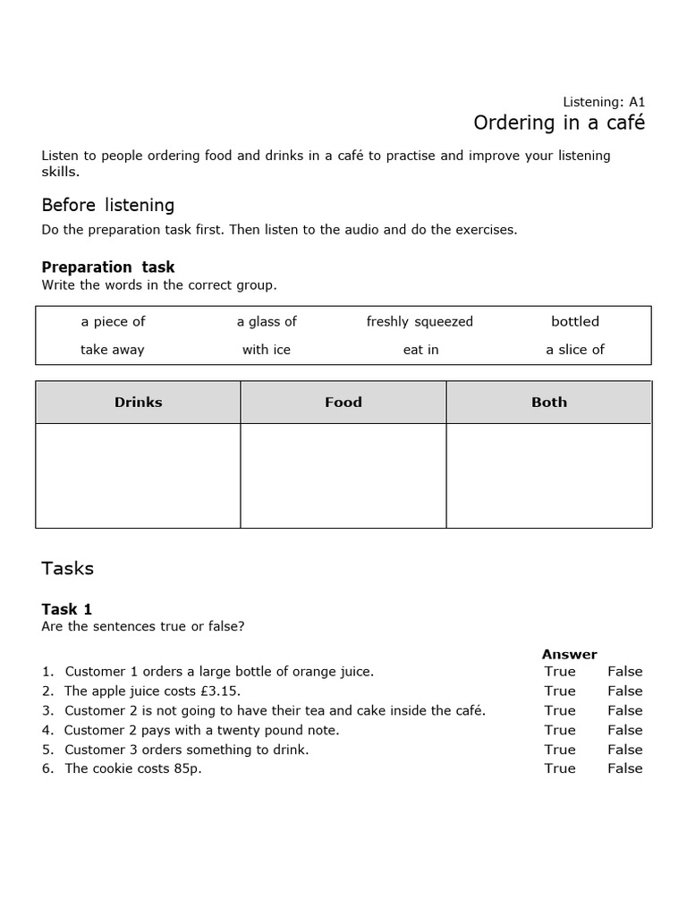 Worksheet Ordering-In-A-Cafe | PDF | Drink | Coffeehouse