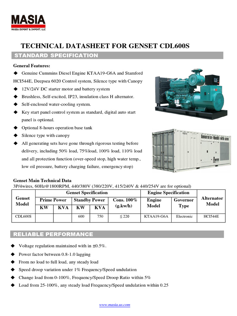 Datasheet of Diesel Genset 600KW_Standby | PDF | Electric Power ...