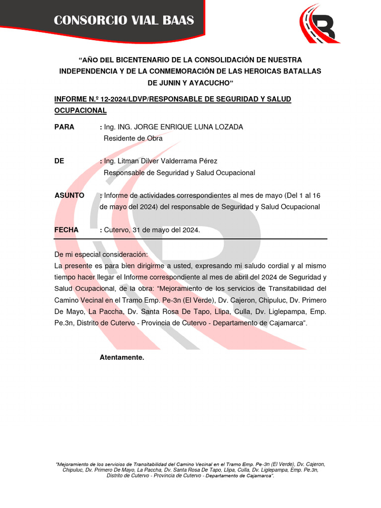 Informe SST Camino Vecinal Cutervo | PDF | Seguridad y salud ...