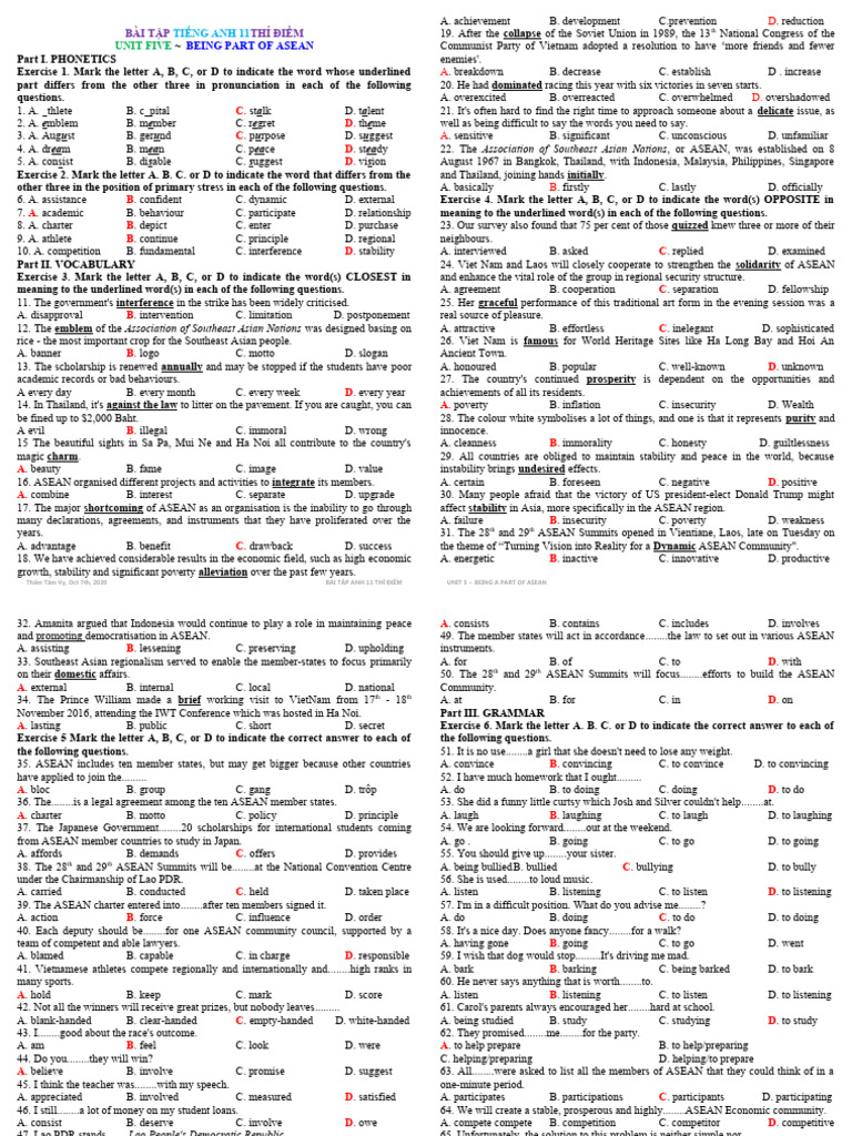 BAI TAP AV 11 THI DIEM UNIT FIVE BEING PART OF ASEAN | PDF | Asia Pacific Economic Cooperation ...
