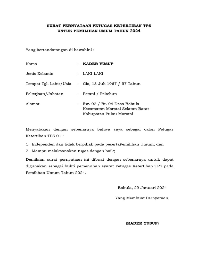 Surat Pernyataan Petugas Ketertiban TPS (1) | PDF